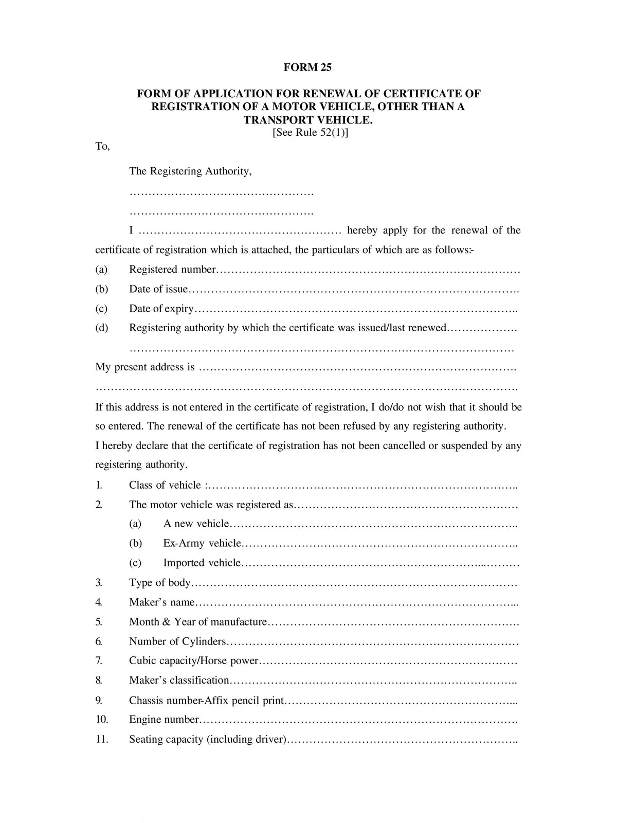 RTO Form 25 For Renewal For RC 1PDF
