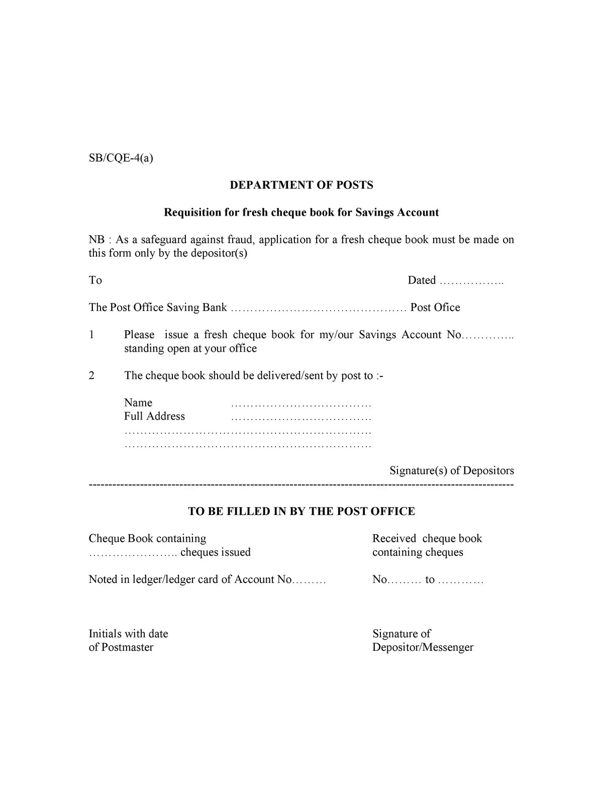 Post Office Fresh Cheque Book Application Form 1PDF